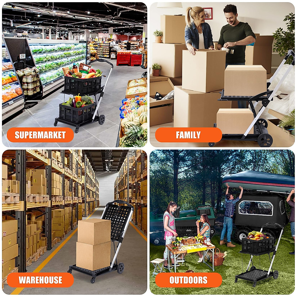 Shopping Supermarket Cart - Mobile Folding Grocery Cart with 360 Rolling Swivel Wheels, Multi-Use Functional Collapsible Carts with 1 Storage Crate