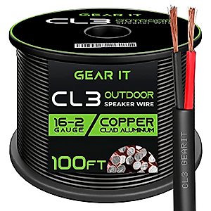 GearIT 16/2 Speaker Wire (100 Feet) 16 Gauge (Copper Clad Aluminum) - Outdoor Direct Burial in Ground/in Wall / CL3 CL2 Rated / 2 Conductors - CCA, Black 100ft