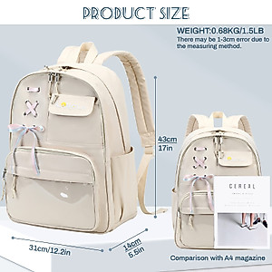 Lanola Teen Girl School Backpack Casual Hiking Daypack Bookbag Elementary Middle School Womens College Fashion Travel Backpack with Cute Ribbon for Girls Women - Beige