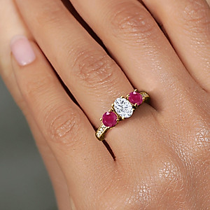 18K Yellow Gold Plated Silver 3-Stone Ring Forever Brilliant Oval 2.12cttw Moissanite by Charles & Colvard and Ruby (Size 6)