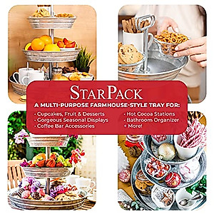 StarPack Farmhouse Style Three Tier Serving Tray - Rustic Kitchen 3 Tiered Tray with 3 Tier Metal Stand - Three Tiered Tray for Deserts & Party Bites - Sturdy & Stylish 3 Tier Serving Stand