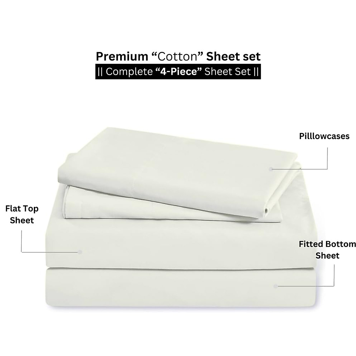 4 Piece Premium Sheet Set Cotton Queen, 100% Egyptian Cotton, 400 Thread Count, 15 Inch Deep Pocket of Cotton Sheets, Ivory Solid