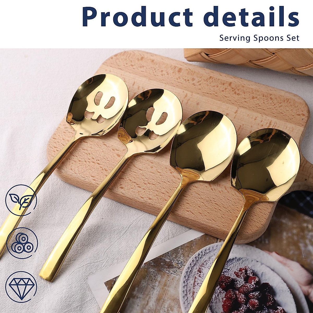 HANSGO Serving Spoons Set, 3 Serving Spoons and 3 Slotted Spoons, 9 Inch Stainless Steel Serving Utensils Set for Buffet Banquet Kitchen, Gold