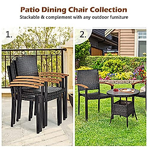 RELAX4LIFE Patio Rattan Dining Chairs Set Wicker Chairs with Steel Frame, Acacia-Covered Armrests Fire Pit Chairs for Porch, Poolside, Balcony, Lawn Indoor&Outdoor Furniture Armrest Chairs Set (4)