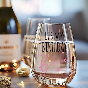 QIMIUTB It's My Birthday B*itches Stemless Wine Glass, Funny Birthday Gifts for Women Mom Grandma Her Friends Girls, Birthday Stemless Wine Glass Present for Female Friend-2