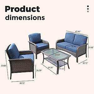 4 Pieces Wicker Patio Furniture - All-Weather PE Wicker Outdoor Conversation Bistro Set Loveseat Chairs with Table,Outdoor Rattan Sofa Chair High Back Deep Seating,Blue