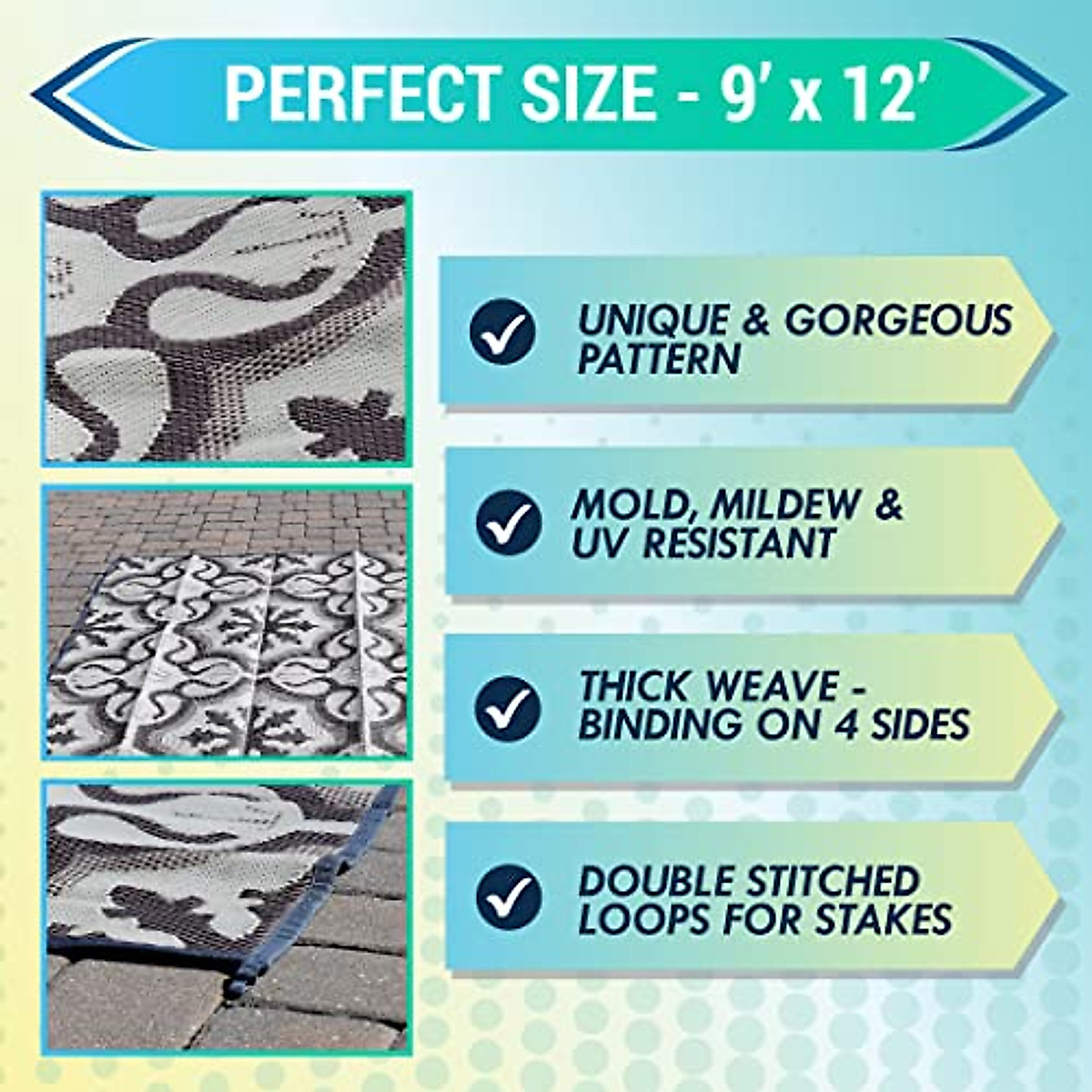 LATCH.IT RV Outdoor Rugs 9x12 | Reversible RV Outdoor Mat Camper Rugs | Camping Outdoor Rugs | The Perfect RV Patio Mat for Any Situation & Includes Portable Small Trash-Can!