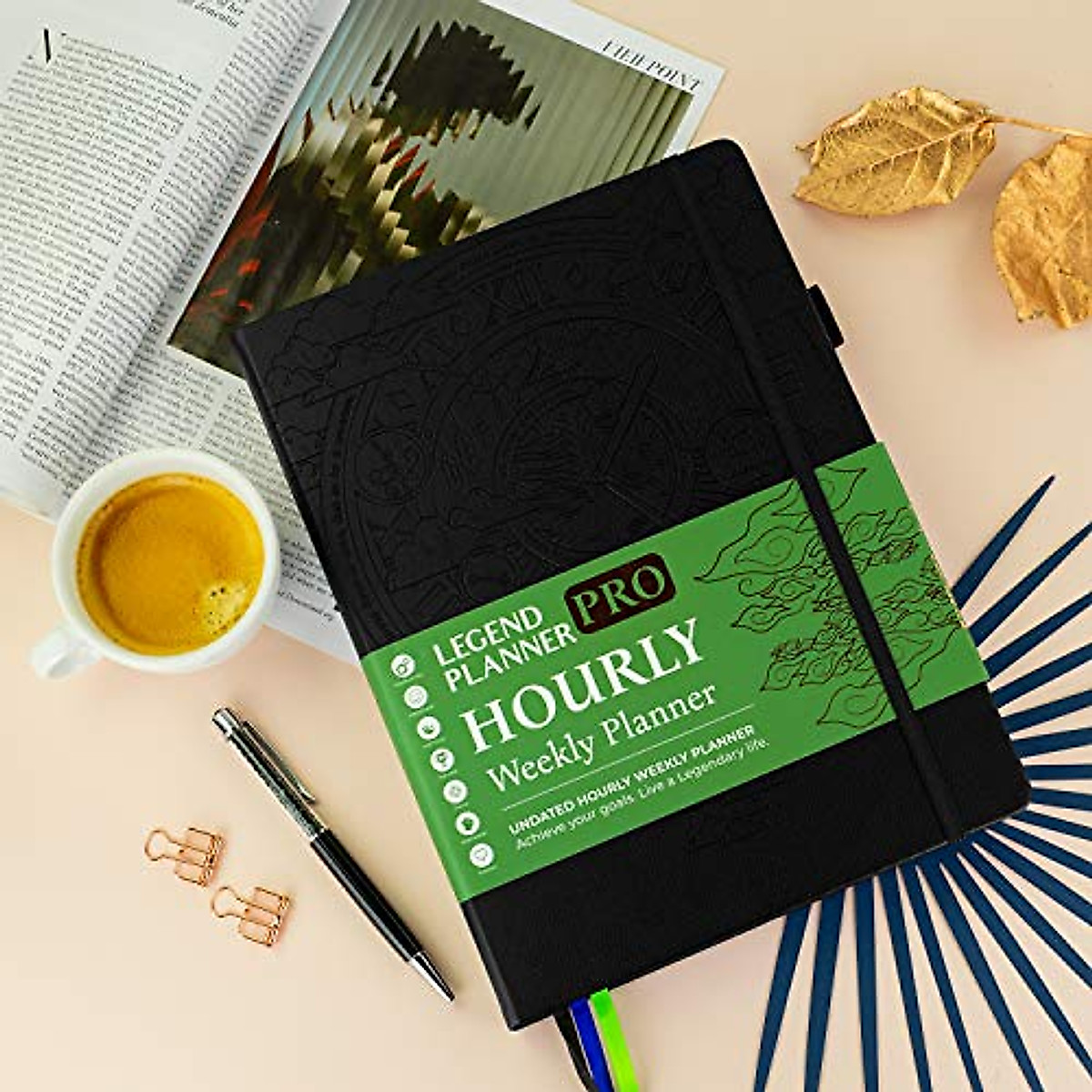 Legend Planner PRO Hourly Schedule Edition - Undated Deluxe Weekly & Daily Organizer with Time Slots. Time Management Appointment Book Journal for Work & Personal Life, A4 Size Hardcover - Black