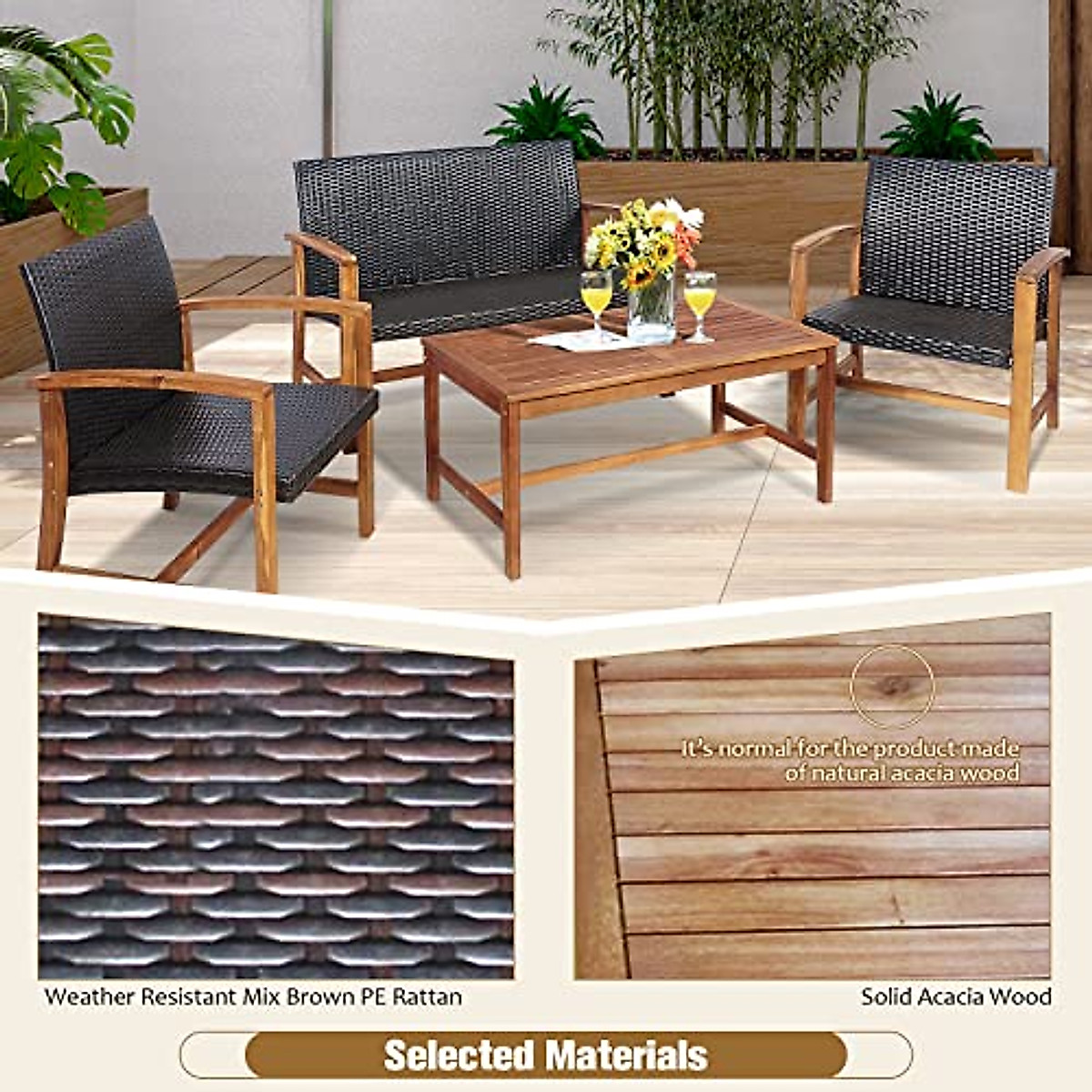 Tangkula 8-Piece PE Rattan Patio Furniture Set, Outdoor Conversation Set with Solid Acacia Wood, Outdoor Bistro Set with 1 Coffee Table, 1 Loveseat and 2 Chairs for Poolside, Backyard and Deck