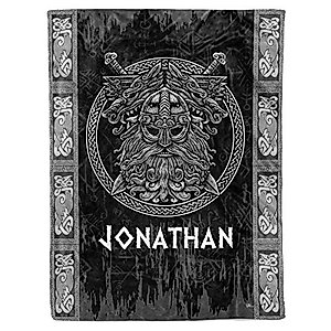 Personalized Custom Name Viking Odin The Northern God Celtic Raven Scandinavian Norse Runes Helmet Sign Birthday Christmas Fleece Sherpa Blanket Bed Throw Size Tapestry Wall Hanging (Version 3)