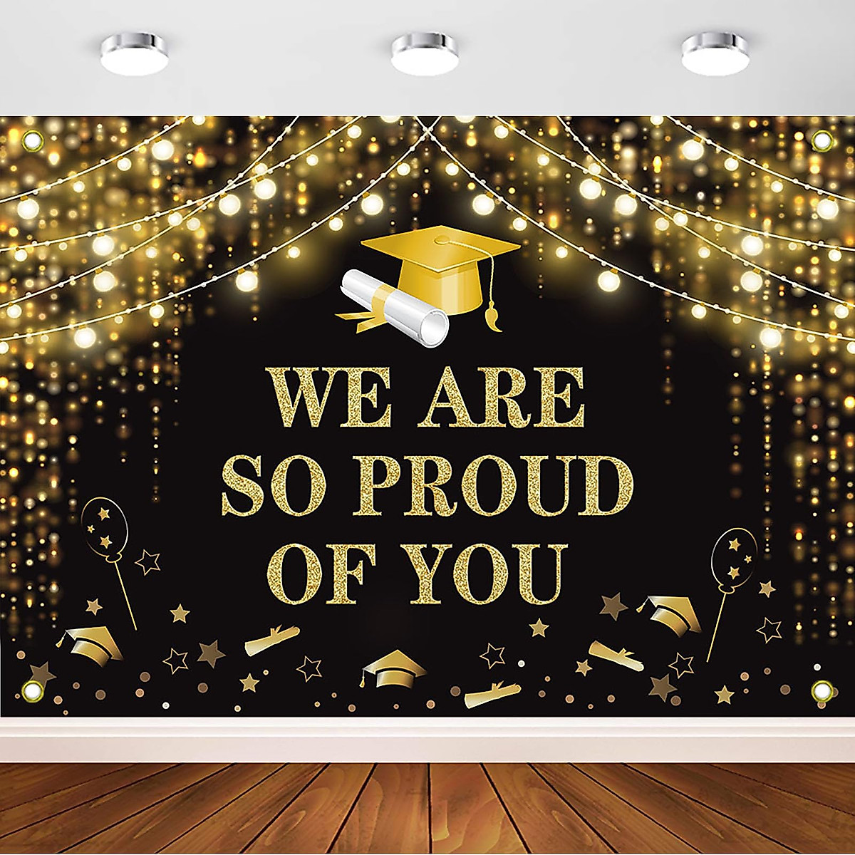 Avezano Graduation Party Backdrop Blak and Gold Graduation Party Decorations Proud of You Congrats Grad 2023 Photoshoot Background Banner Supplies (7x5ft)
