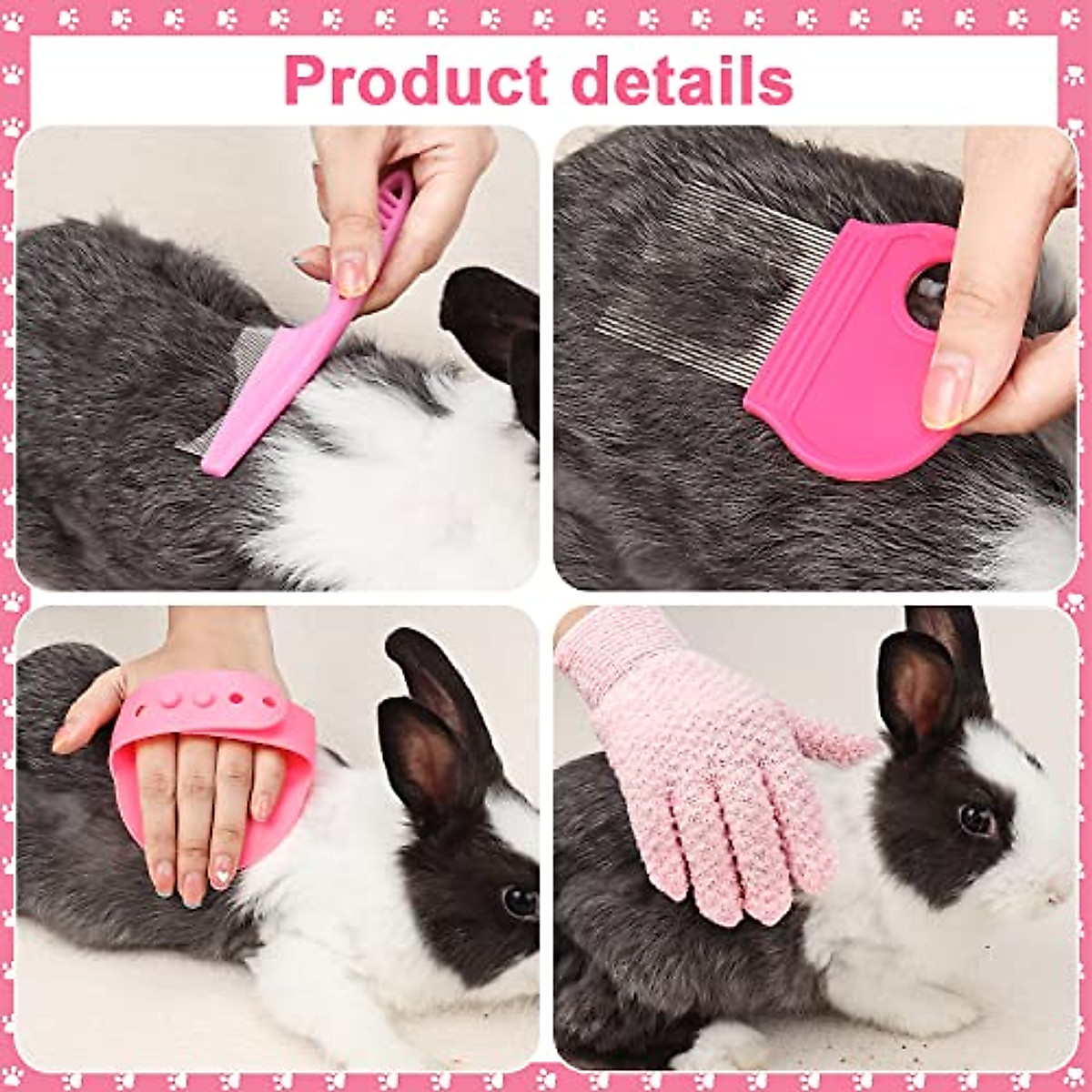 VCZONE 8 Pcs Small Animal Pink Grooming Kit, Rabbit Grooming Kit with Pet Nail Clipper and File, Flea Comb, Pet Shampoo Bath Brush , Pet Shedding Slicker Brush, Bath Massage Glove, Cleaning Comb (Pink)