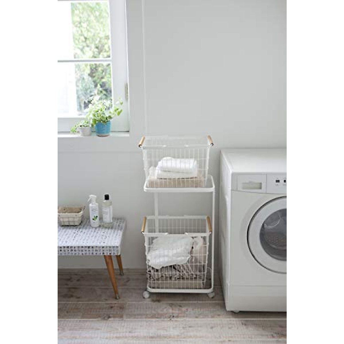 Yamazaki Home Laundry Basket Wagon-Large Storage Hamper Organizer | Steel + Wood | Short | Rolling Carts, White