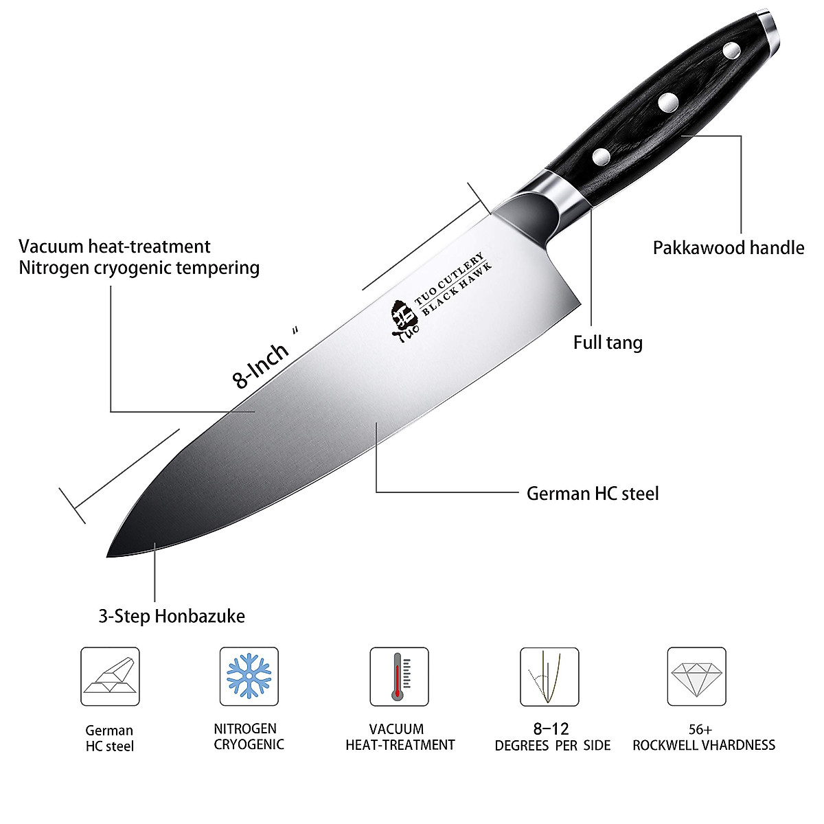 TUO Chef Knife -Professional Kitchen Chefs Knife Cooking Knife Gyuto Knives 8 Inch,Razor Sharp German HC Steel Japanese Chef Knife with Ergonomic Pakkawood Handle - BLACK HAWK SERIES in Gift Box