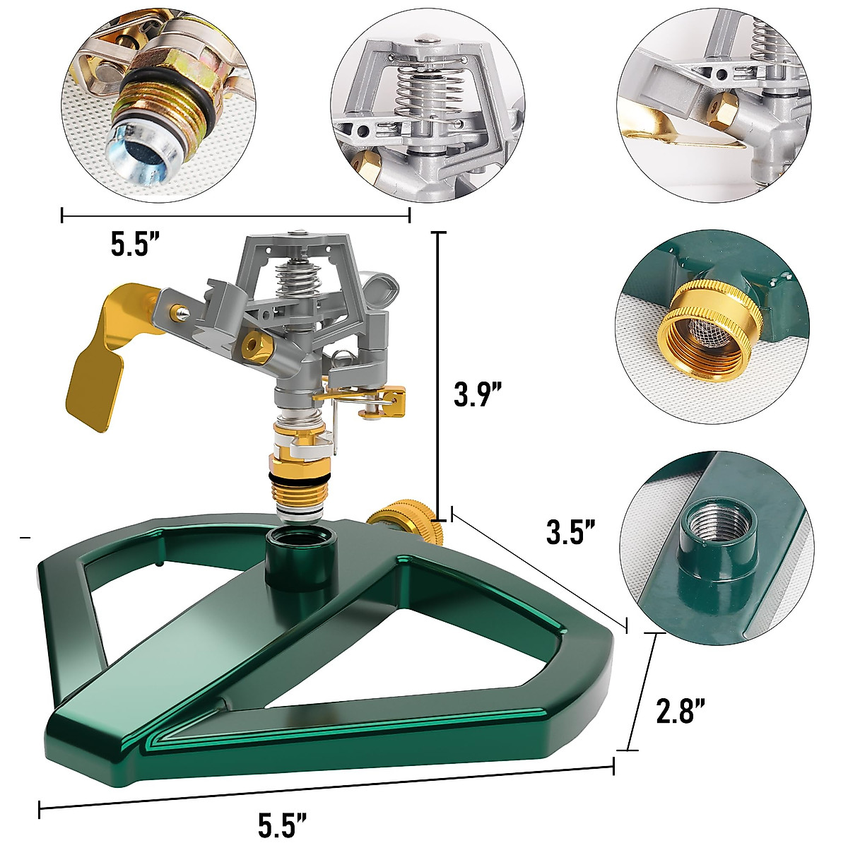 Hourleey Pulsating Impact Sprinkler with Metal Base, Heavy Duty Circular Zinc Alloy Sprinkler with Sprinkler Head, Garden Hose Sprinklers System for Large Area Lawn Yard Garden