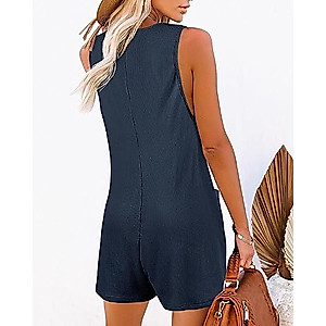 GTETKDE Rompers for Women Sleeveless Button Down V Neck Waffle Fabric Tank Top Jumpsuit with Pockets 2023 Summer Vacation Outfits DrakBlue M