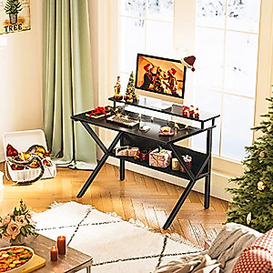 ODK Small Computer Desk, 27.5 inch Home Office Study Writing Table with Monitor Storage Shelf, Modern Simple Style Compact Laptop Desk for Small Spaces, Black