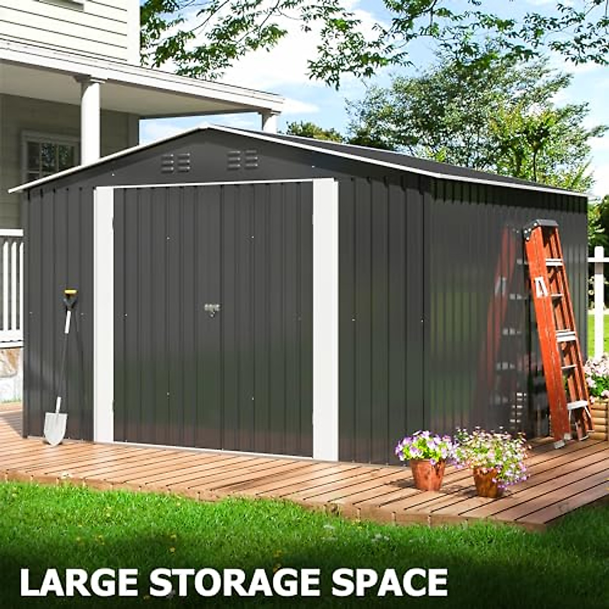 AirWire 10x8 FT Metal Storage Shed, Large Outdoor Shed with Updated Frame Structure, Garden Tool Sheds for Backyard Patio Lawn, Grey