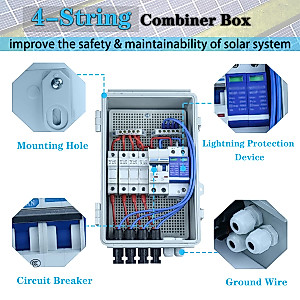4 String PV Combiner Box with Lightning Arreste, 15A Rated Current Fuse and Circuit Breakers for On/Off Grid Solar Panel System
