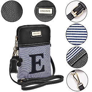 inOne Crossbody Bag Cell Phone Purse - Women PU Leather Handbag with Black and White Stripe Canvas Adjustable Straps - Monogram - Letter S