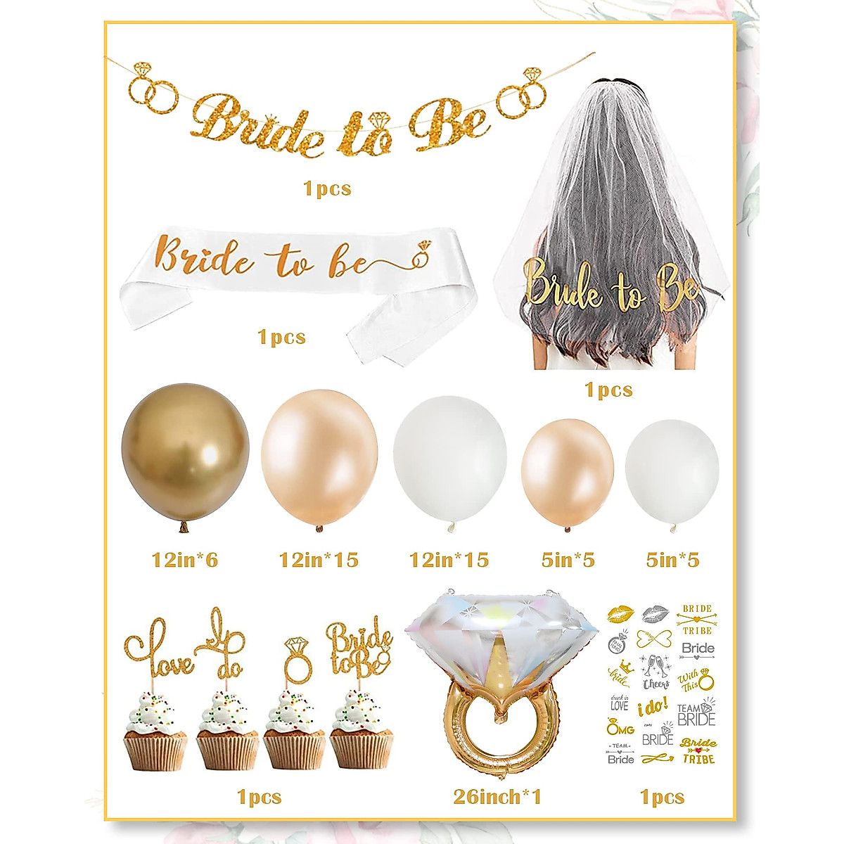 Bachelorette Party Decorations, Bridal Shower Decorations for Engagement Wedding Parties, 52pcs Bride To Be Party Supplies Kit with Sash, Veils, Banner, Cake Toppers, Temporary Tattoos & Gold Balloons