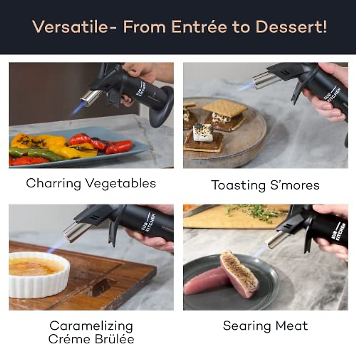 EurKitchen Premium Culinary Butane Torch with Gauge, Safety Lock, Adjustable Flame, Guard- Refillable Cooking Torch Lighter for Creme Brulee, BBQ, Baking, Soldering, Crafts- Butane Gas Not Included