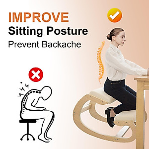 QIUJIARUI Ergonomic Kneeling Chair with Comfort Cushion，Wooden Rocking Seat for Improved Posture – Perfect for Home and Office Use (Beige)