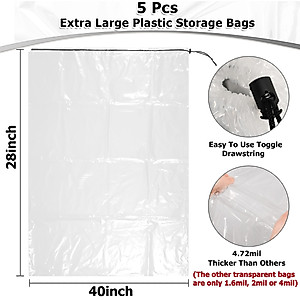 Aoketo 28 x 40 inches Extra Large Clear Drawstring Plastic Storage Bags, Multi-Purpose for Storage and Household Organizing Reusable Bags, Perfect for DustProof, MoistureProof (5 Pack, 4.72 Mil, Flat)