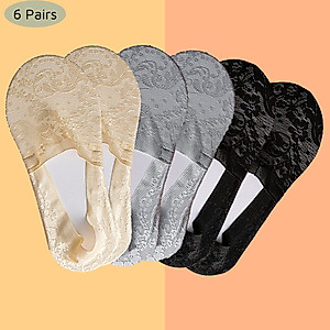 Flammi Women's Lace No Show Liner Socks Non Slip Cotton Bottom 6 Pairs (2Beige,Black,Grey)
