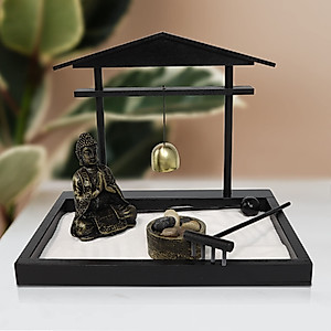 Japanese Zen Garden Kit Home Decor - Mini Zen Garden Buddha with Bell Hanging Archway Office Desk Accessories - Zen Sand Garden Desk Office Decor - 8.5" x 6.5" x 7"