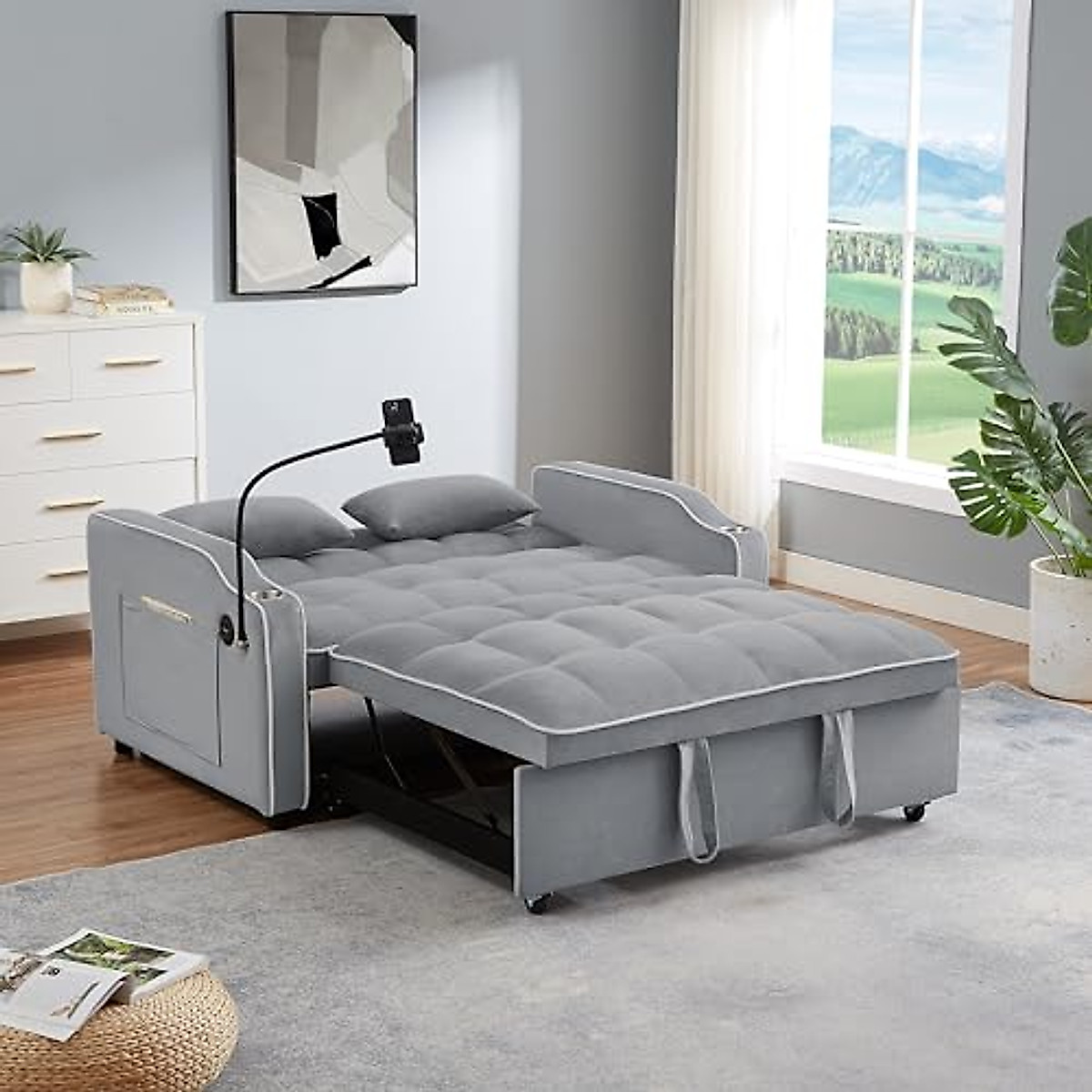 ERYE Modern Convertible Futon Loveseat Sofa with Pull Out Sleeper Couch Bed, Upholstered 2 Seaters Adjustable Backrest Love Seat W/Cupholders,USB Port & Phone Holder for Apartment Office Living Room