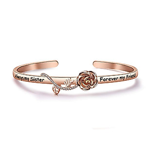 Best Friend Bracelet Sister Gift Always My Sister Forever My Friend Cuff Bracelet with Rose Flower Gift for Sisters Friendship Jewelry (Gold)