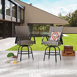 LOKATSE HOME Outdoor Swivel Wicker Chair Set Metal Frame Bar Stool for Backyard, Pool, Garden, Black