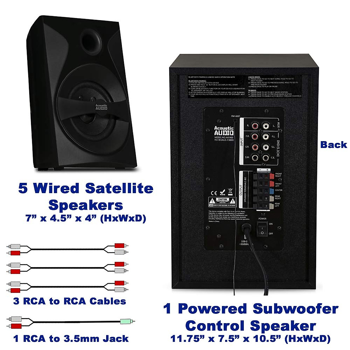 Acoustic Audio Bluetooth 5.1 Speaker System with Sub Light FM and Optical Input Home Theater 6 Speaker Set