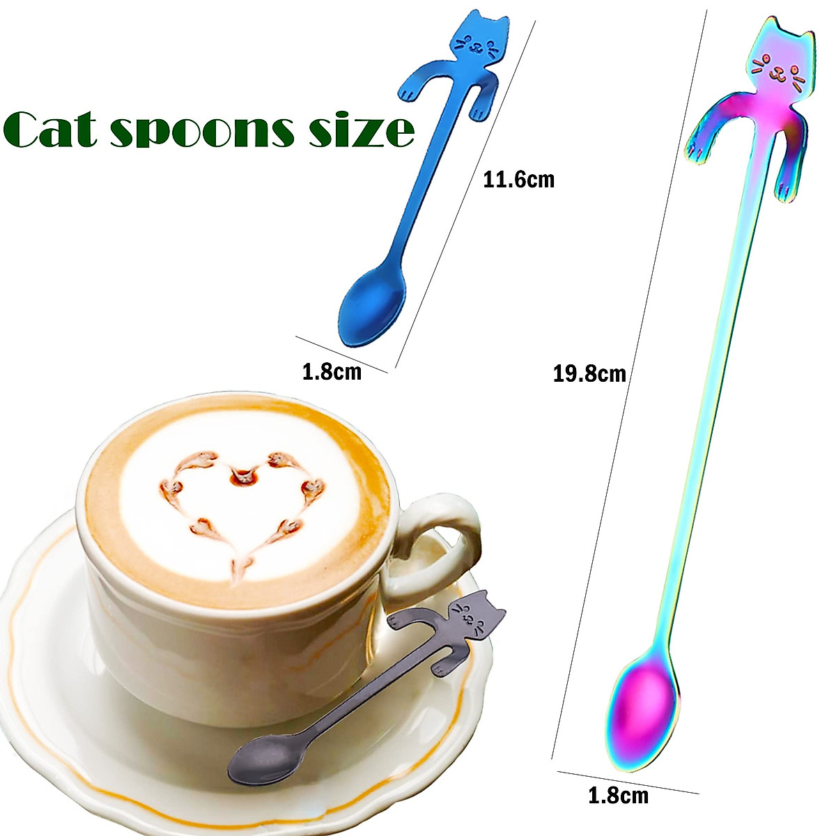 6 PCS Cat Spoon Coffee Tea spoon Set, ESRISE Stainless Steel Hanging Cup Teaspoons Demitasse Mini Long Cute Kitten Stirring Spoon for Dessert Drink Mixing Milkshake (Multi)