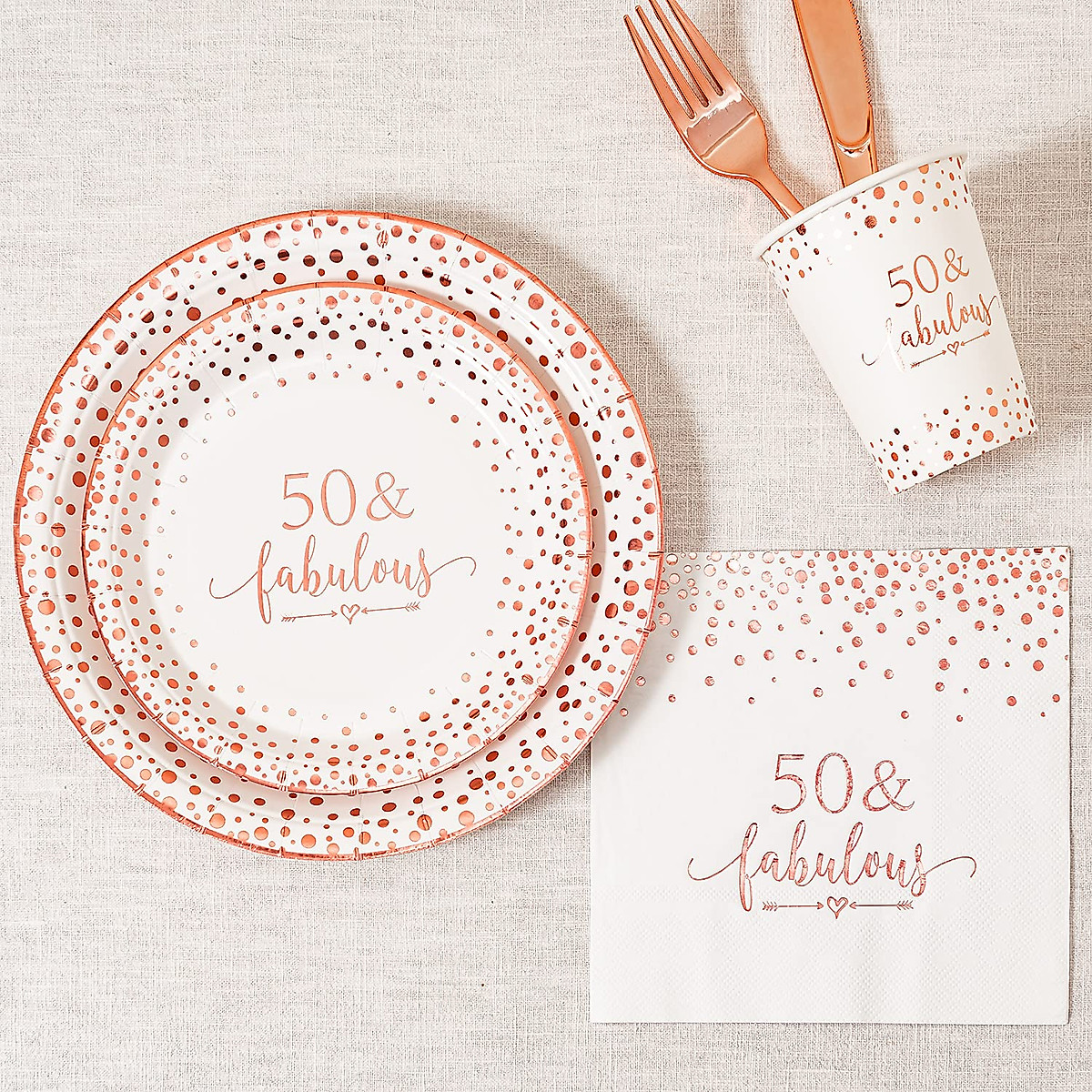 Crisky Rose Gold Foil 50 Fabulous Napkins Plates Cups Set for Women 50th Birthday Party Decorations Supplies, Disposable Tableware Set of 24 (9" Plates, 7" Plates, Luncheon Napkins, 9oz Cups)