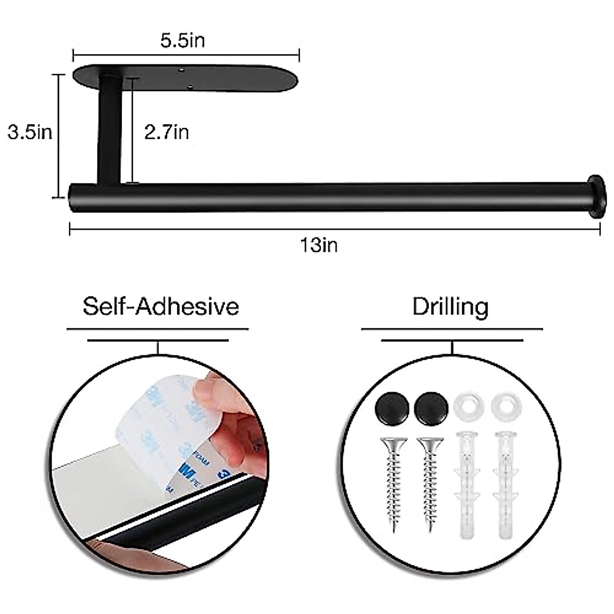 Paper Towel Holder Under Cabinet Hanging Self Adhesive Paper Towel Holder Black Wall Mount Paper Towel Holders Stick on Paper Towel Rack/Roll Holder Kitchen Hardware/Storage Paper Towels Bulk Hanger