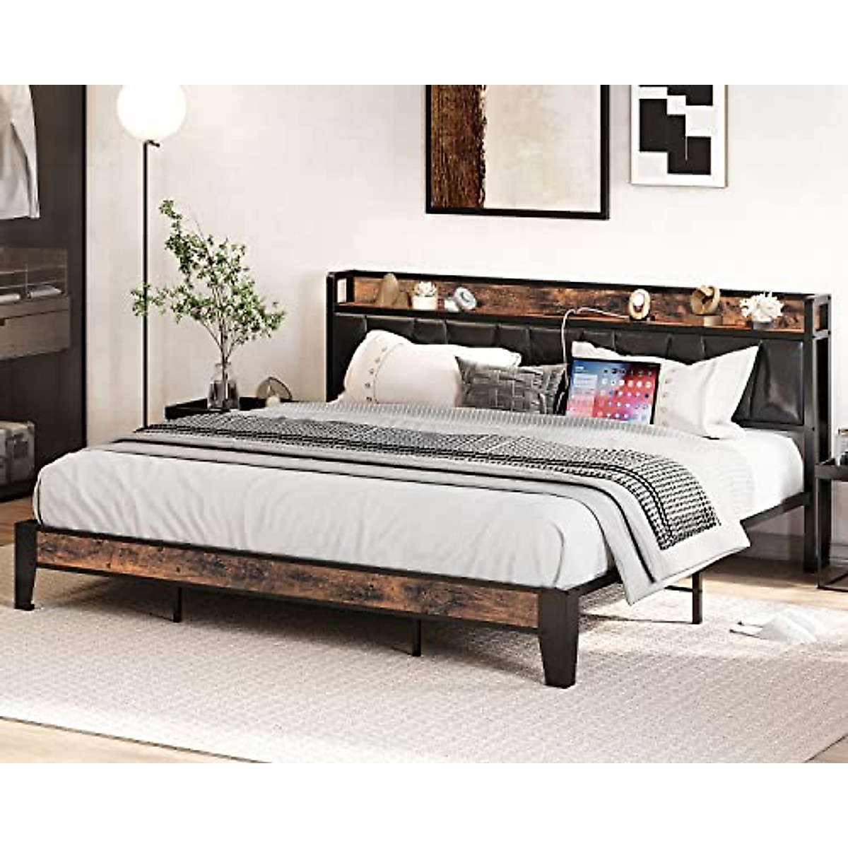 LIKIMIO King Bed Frame, Storage Headboard with Charging Station, Solid and Stable, Noise Free, No Box Spring Needed, Easy Assembly (Vintage and Black)