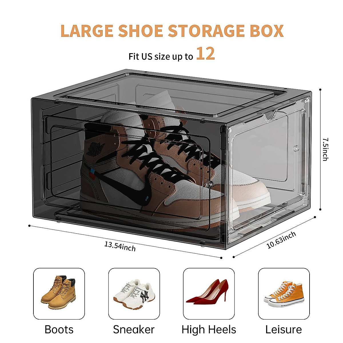 Upgraded Thickened Sturdy Large Shoe Boxes Clear Plastic Stackable 8 Pack Shoe Storage Organizer for Closet/Entryway, Drop front Shoe Box with Magnetic Door, Shoe Display Case, Fit up to US size 14