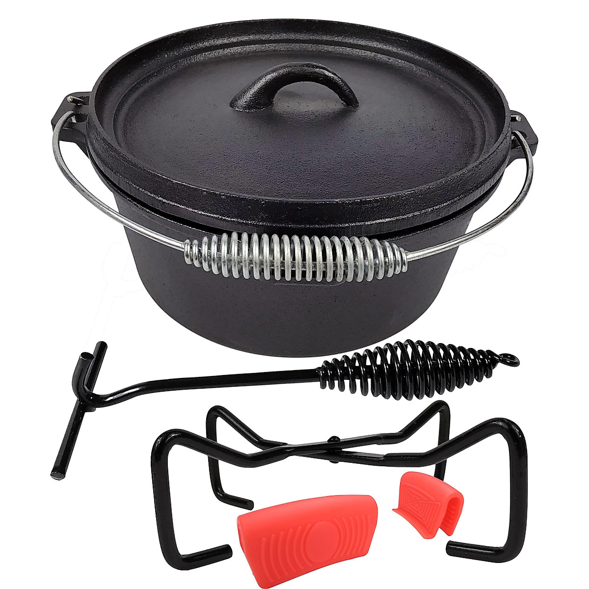 Pre-Seasoned Cast Iron Camp Dutch Oven, 4.1 qt, including Lid Lifter, Lid Stand and Silicone Handle Holders