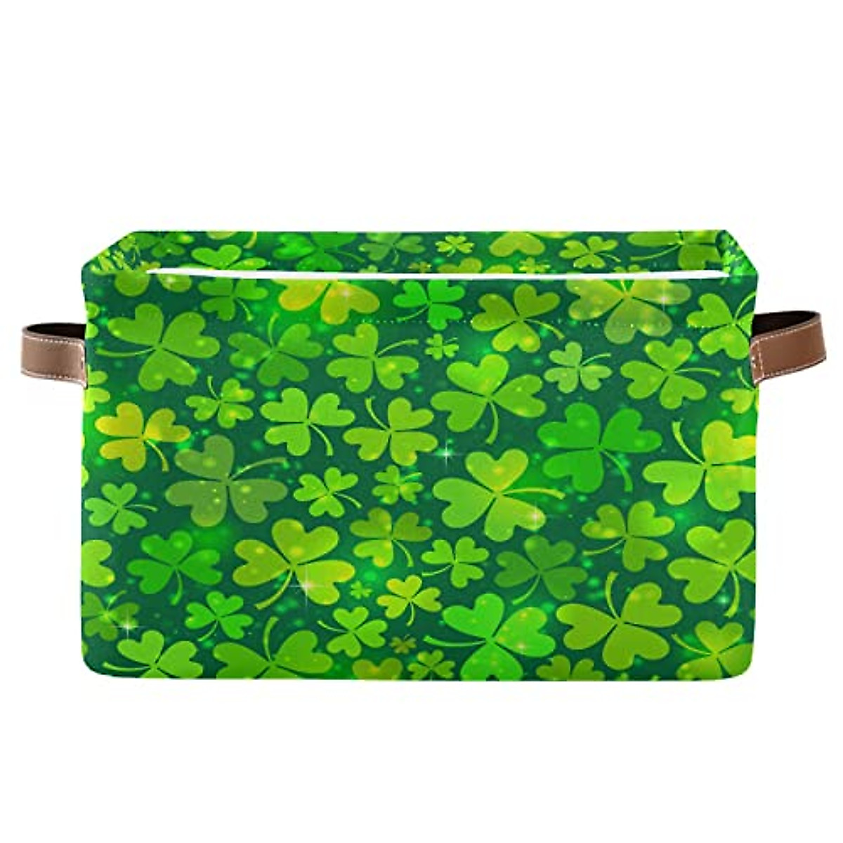Green Clover St Patricks Day Storage Basket Trefoils Leaves Storage Organizer Box Bin Large Collapsible Cube Baskets with PU Handles for Shelf Closet Nursery Laundry 1 Pack