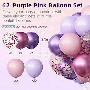 OuMuaMua Pink and Purple Balloons, 62Pcs Light Pink Balloon Lavender Balloons Metallic Pink Purple Latex Balloons for Women Girls Birthday Baby Shower Wedding Princess Party Decorations, 12 Inch