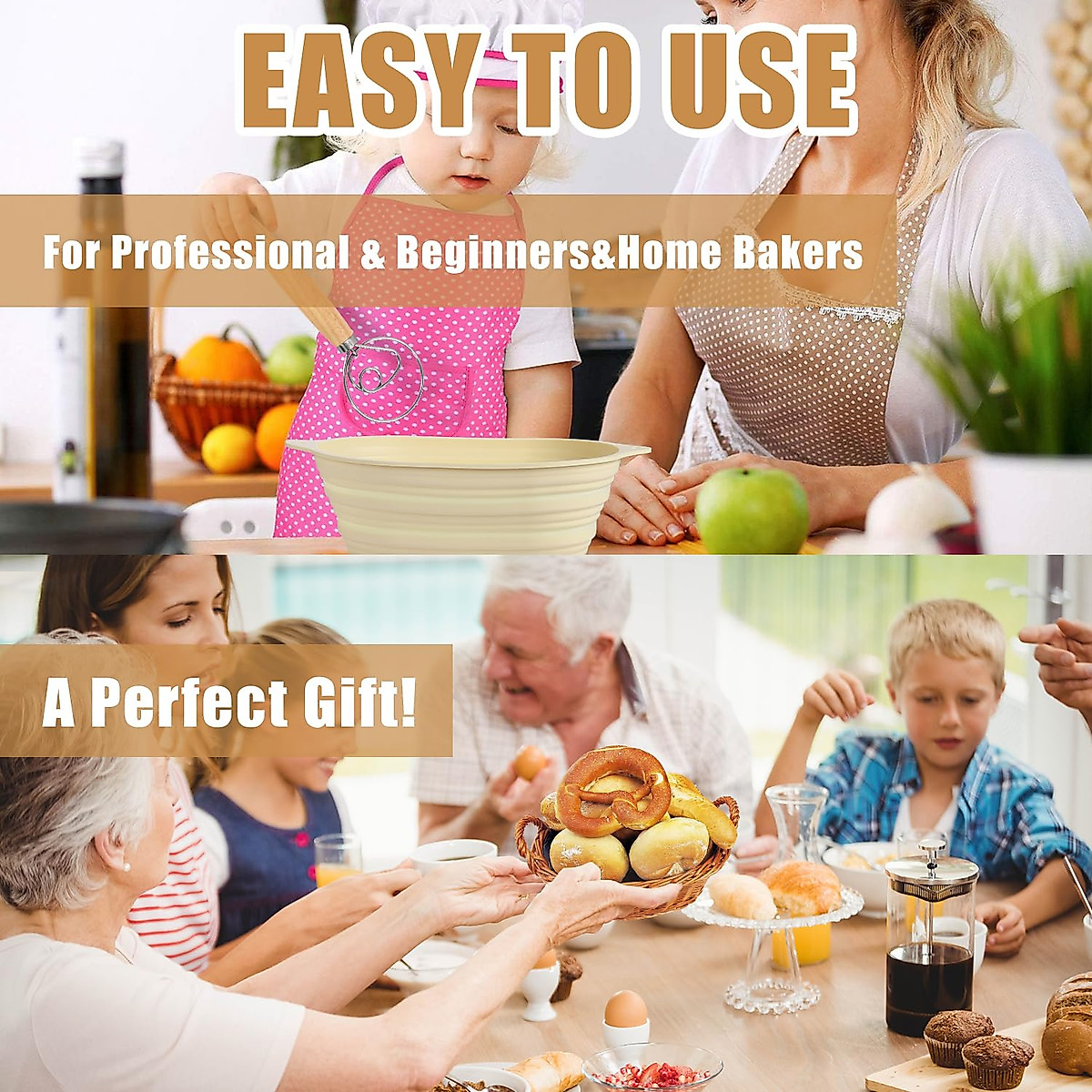 Silicone Banneton Bread Proofing Basket Set Of 2 -Sourdough Bread Baking Supplies, 9 Inch Round & 10 Inch Oval Foldable Bread Bowls, bread basket For Proofing Baskets With Essential Tools - Beige