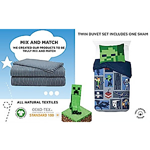 Saturday Park Minecraft Emblematic Twin Duvet Cover & Sham Set - 2 Piece 100% Organic Cotton Duvet Set Features Creeper, Alex & Steve - GOTS & Oeko-TEX Certified (Minecraft Official)