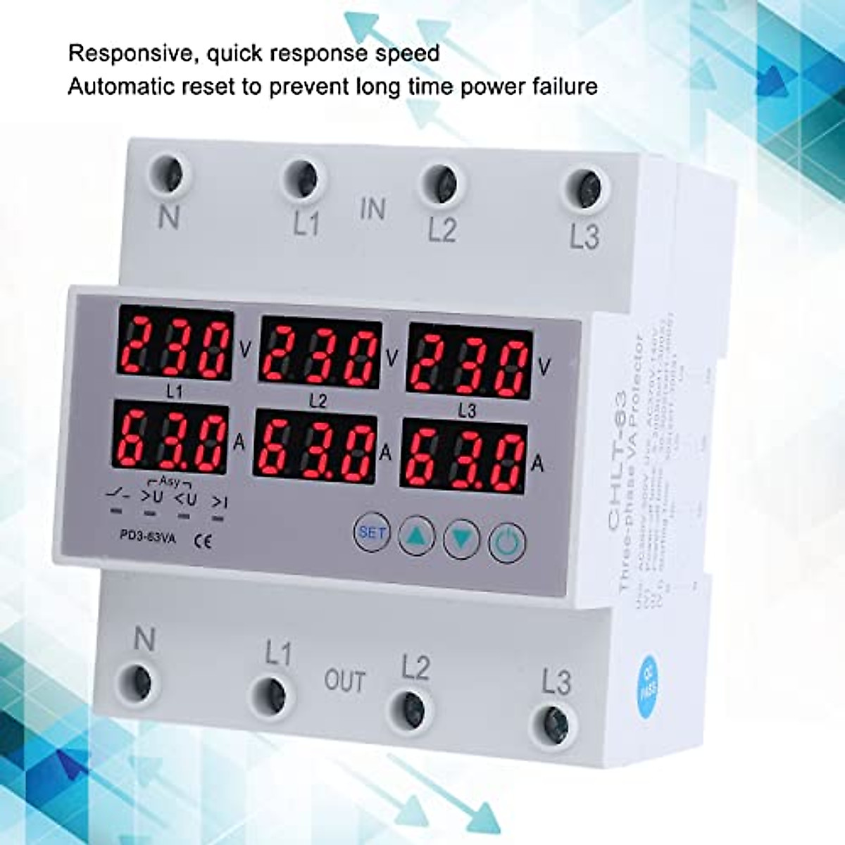 Fewb Digital 3 Phase DIN Rail Voltmeter Ammeter, AC 390‑500V Electricity Usage Monitor Power Meter Voltage Amps Watt Kwh Frequency Power Factor Meter Multimeter Current Power Tester(63A)