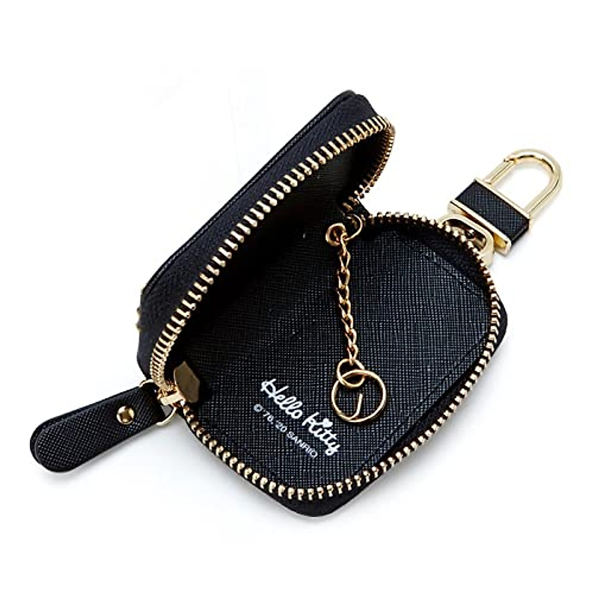 Cute Car Key Case for Girls and Women, Genuine Leather Embroidered Car Smart Key Chain Keychain Holder, Metal Hook and Keyring Zipper Bag for Remote Key Fob - Black