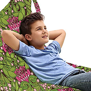 Ambesonne Vintage Lounger Chair Bag, Swirling Green Spring Leaves Pink Blossoms Traditional Scroll Pattern, High Capacity Storage with Handle Container, Lounger Size, Apple Green Pink Brown