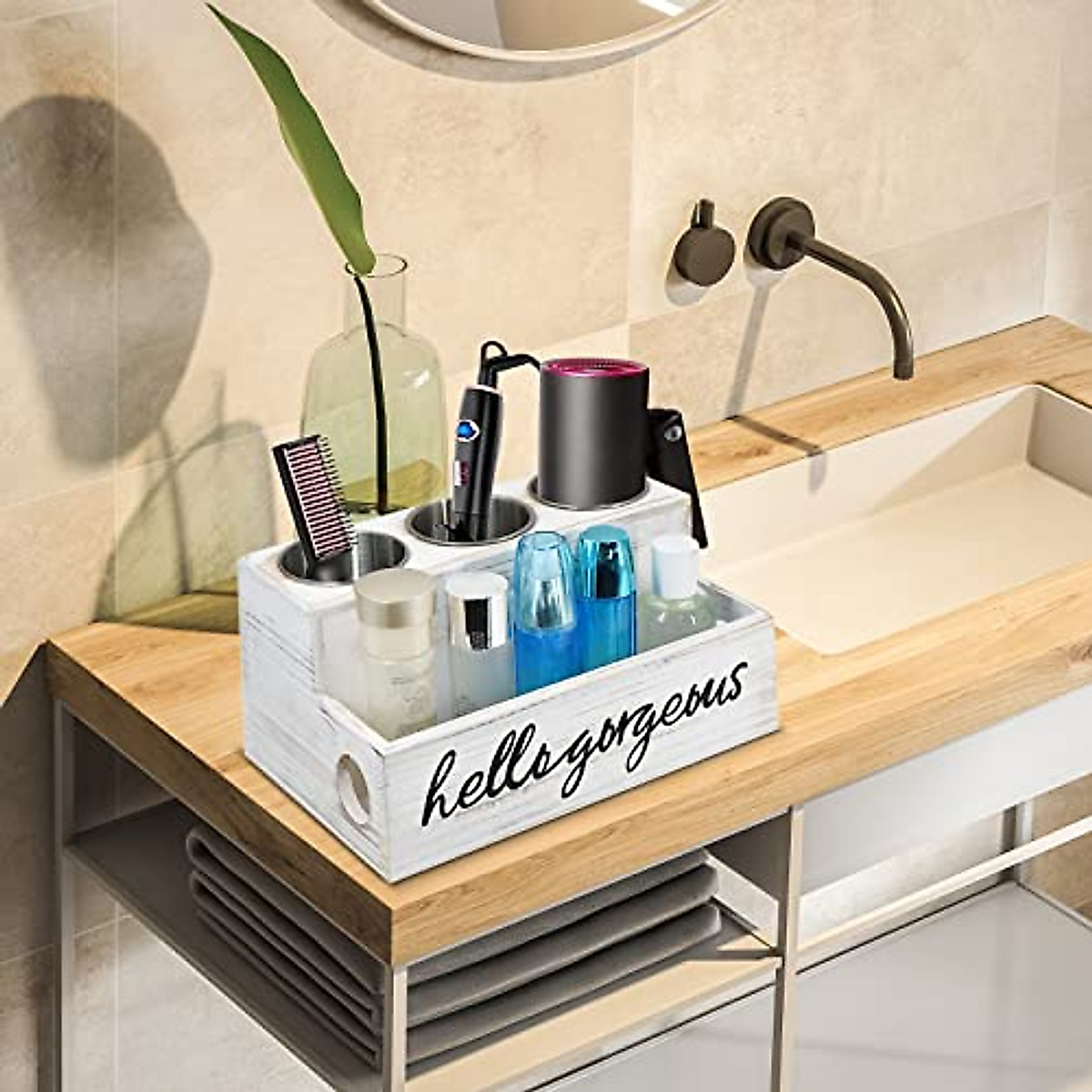 Rustic White Hair Dryer Holder, Curling Iron Holder Hair Tool Organizer, Hair Product Organizer, Hair Styling Tools Accessories Organizer, Blow Dryer Holder for Bathroom Countertop Vanity Storage