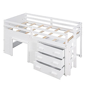 Harper & Bright Designs Low Loft Bed with Storage Drawers, Wood Twin Size Loft Bed with Cabinet, Shelf, Ladder, Safety Rail for Girls, Boys, Teen （White