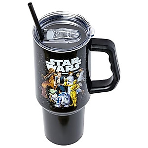 Silver Buffalo Star Wars Featuring Chewbacca, Yoda, R2-D2, C-3PO, Princess Leia, Han Solo, and Luke Skywalker Stainless Steel Tumbler with Handle and Straw, Fits in Standard Cup Holder, 40 Ounces